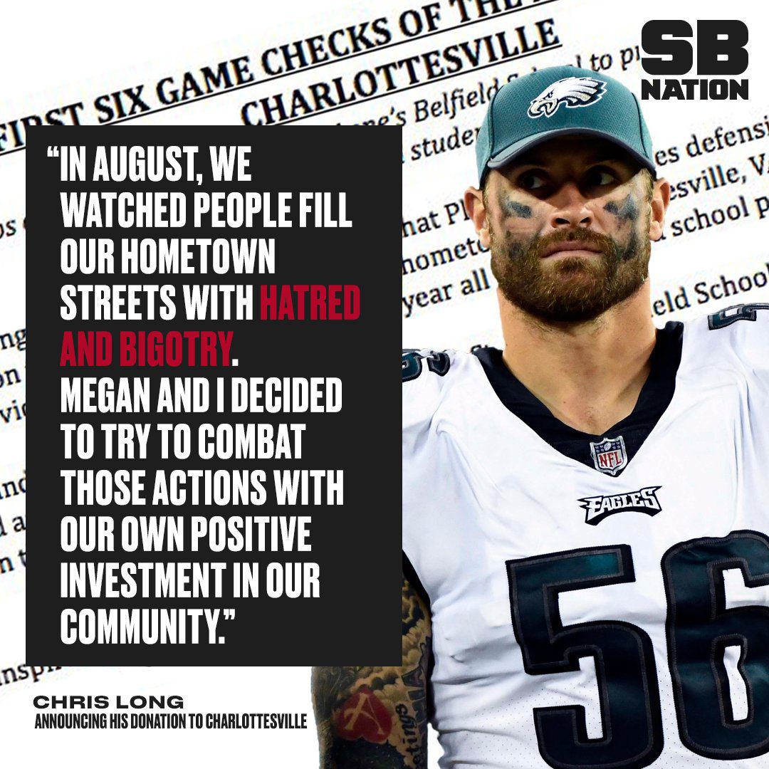 Chris Long is donating his first six paychecks to Charlottesville
